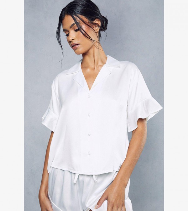 Buy MissPap Recycled Satin Ruffle Pajama Set In White | 6thStreet Qatar