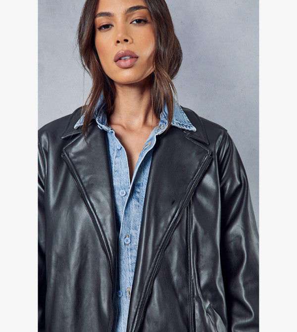 Buy MissPap Premium Leather Look Biker Jacket In Black | 6thStreet Kuwait
