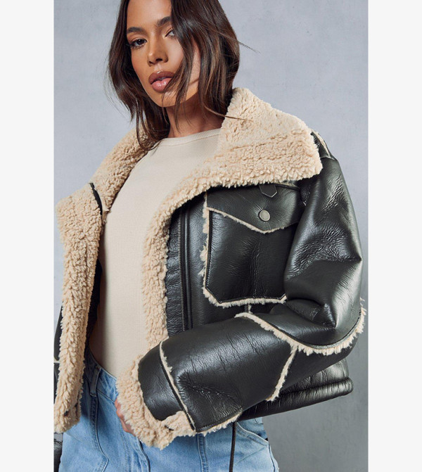 Buy MissPap Borg Lined Textured Leather Look Aviator Jacket In Khaki ...