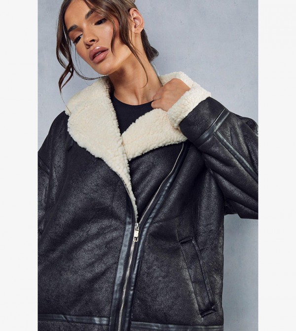 Buy Boohoo Teddy Panel Aviator Jacket In Beige | 6thStreet UAE