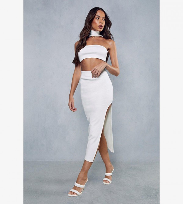 Buy MissPap Ribbed Bandeau Tab Neck Skirt Co Ord Set In White ...