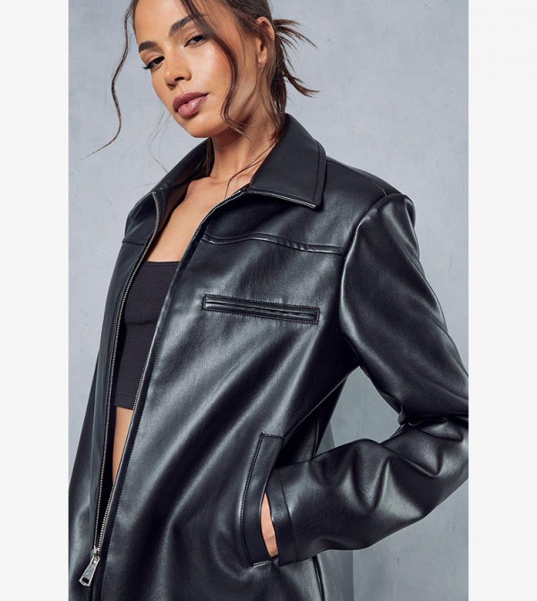 Buy MissPap Leather Look Fitted Biker Jacket In Black | 6thStreet Saudi ...