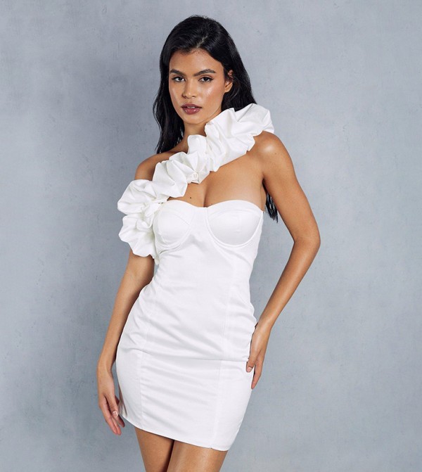Buy Misspap Premium Asymmetric Frill Bodycon Mini Dress In Ivory