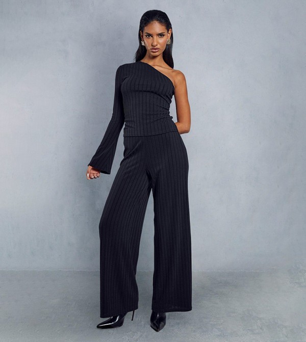 Buy MissPap Ribbed Flare One Sleeves Trouser Co Ord Set In Black ...