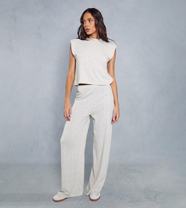 Buy MissPap Ribbed Marl Boxy Shoulder Pad Co Ord Set In STONE ...