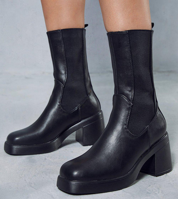 Buy MissPap Leather Look Block Heel Square Toe Calf Boots In Black ...