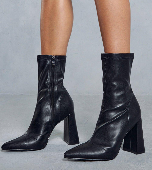 Buy MissPap Leather Look Pointed Block Heel Boots In Black | 6thStreet ...