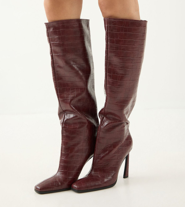 Buy MissPap Faux Croc Leather Flared Heel Knee High Boots In Burgundy ...