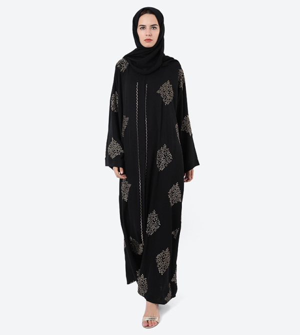 Buy Bousni Front Open Embroidered Abaya With Matching Scarf Black In ...