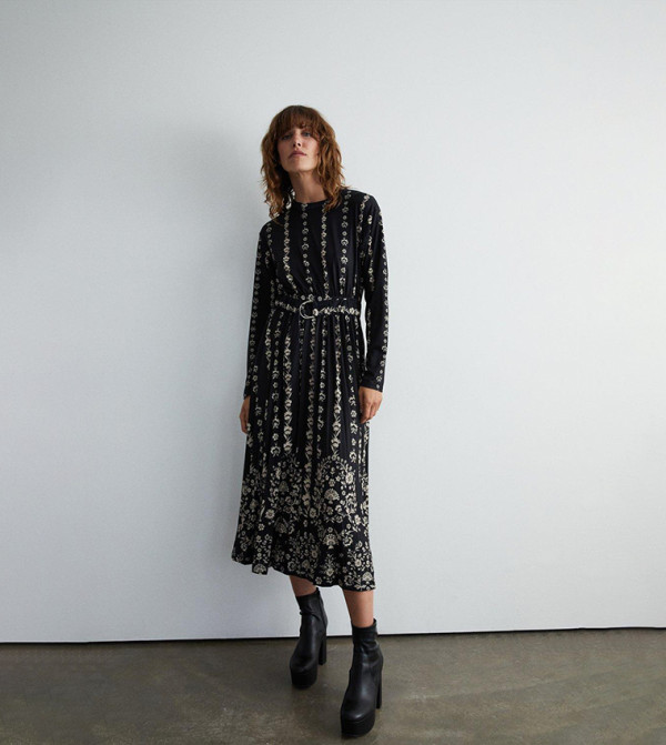 Buy Warehouse Border Print Pleated D Ring Midi Dress In Black ...