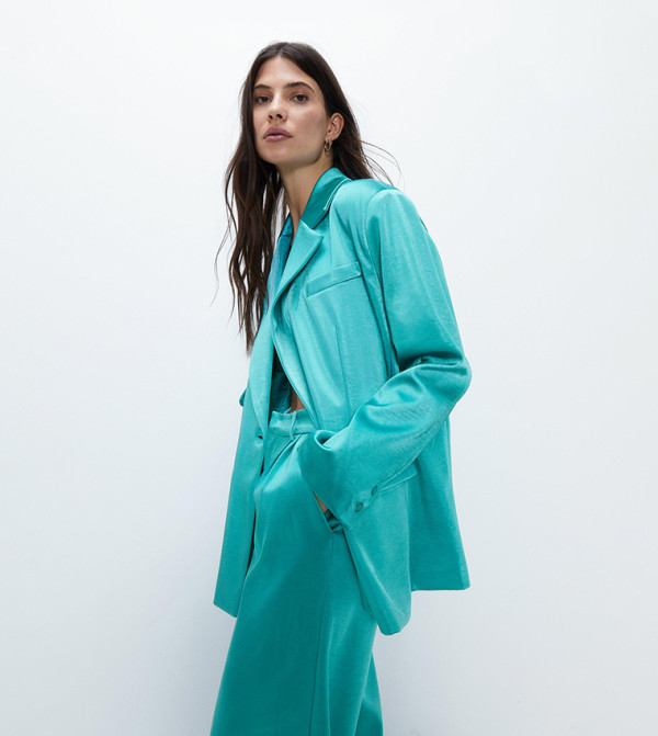 Buy Warehouse Premium Bonded Satin Oversized Blazer In Turquoise ...