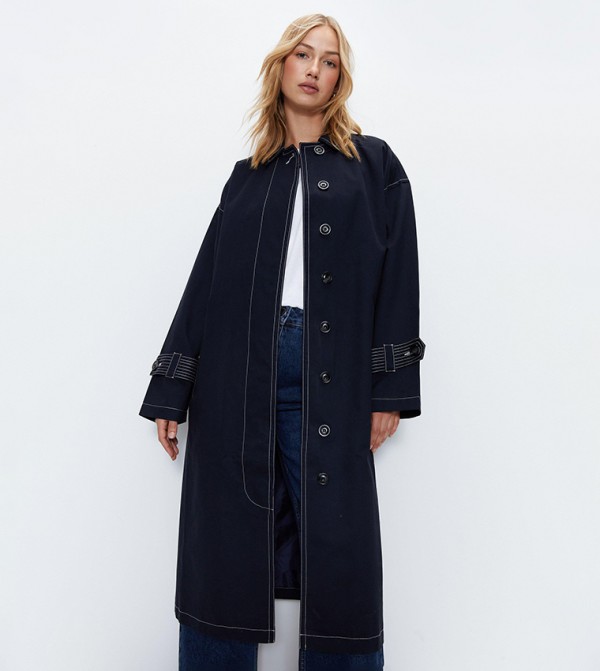Buy Warehouse Premium Contrast Stitch Trench Coat In Navy | 6thStreet UAE