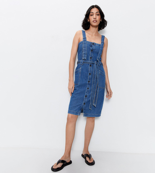 Buy Warehouse Denim Button Front Pinny Dress In Blue | 6thStreet Saudi ...