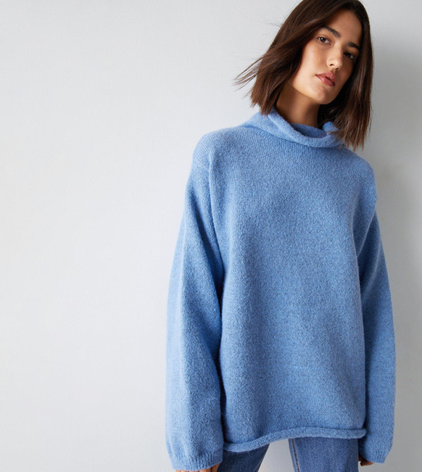 Buy Warehouse Solid Turtleneck Oversized Sweater In Blue | 6thStreet Qatar