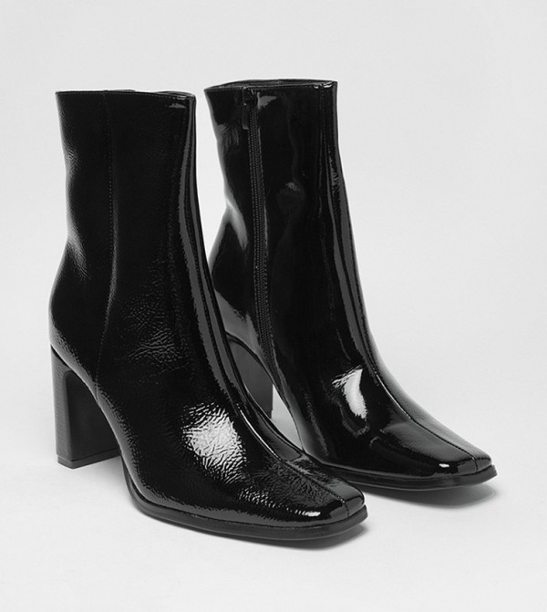 Buy Warehouse Square Toe Patent Block Heel Ankle Boots In Black ...