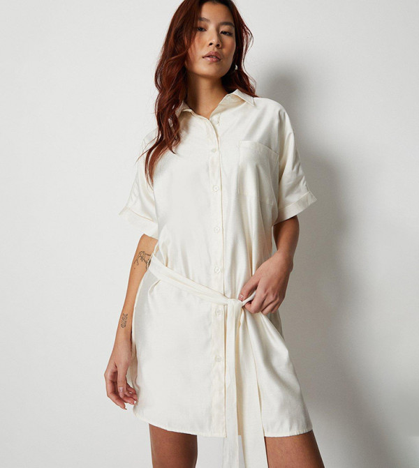 Buy Warehouse Belted Twill Mini Shirt Dress In Off White | 6thStreet UAE