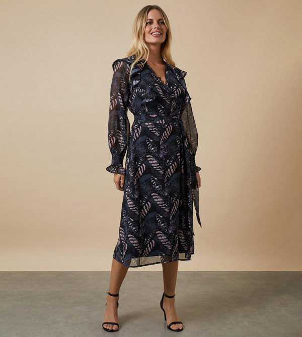 Buy Wallis Black Leaf Wrap Belted Midi Dress In Black | 6thStreet Bahrain