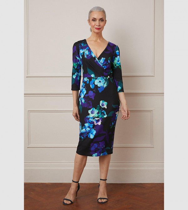 Buy Wallis Floral Print Wrap Pencil Midi Dress In COBALT | 6thStreet ...