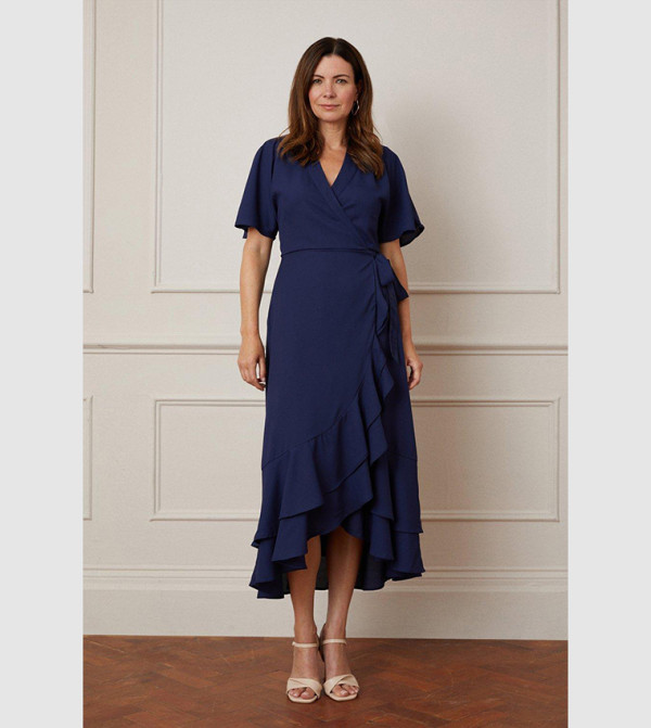 Buy Wallis Wrap Detail Ruffle Midi Dress In Navy | 6thStreet UAE