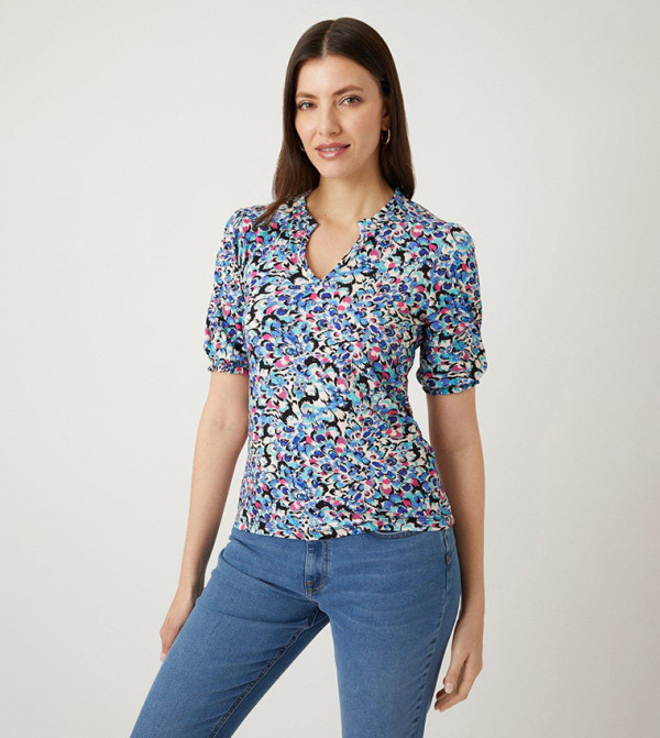 Buy Wallis Neutral Feather Print Ruched Sleeves Jersey Top In NEUTRAL ...