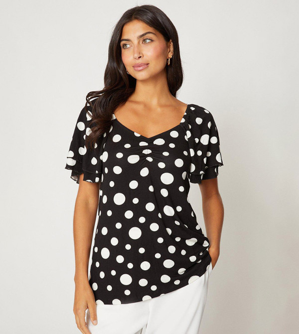 Buy Wallis Mono Spot Sweetheart Ruched Detail Jersey Top In Black ...