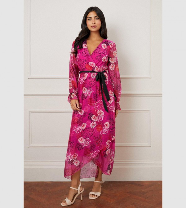 Buy Wallis Silk Mix Floral Print Wrap Midi Dress In Raspberry ...
