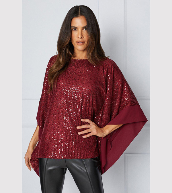 Buy Wallis Sequin V Neck Chiffon Detail Overlay Top In Red | 6thStreet UAE