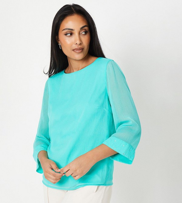 Buy Wallis Petite 3/4 Sleeves Hotfix Cuff Overlay Top In Blue ...