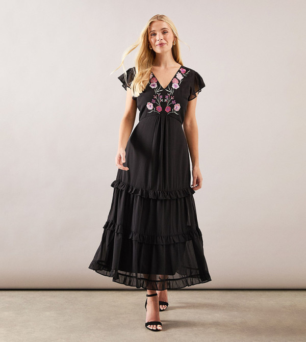 Buy Wallis Petite Embroidered Ruffle Detail Tiered Maxi Dress In Black ...