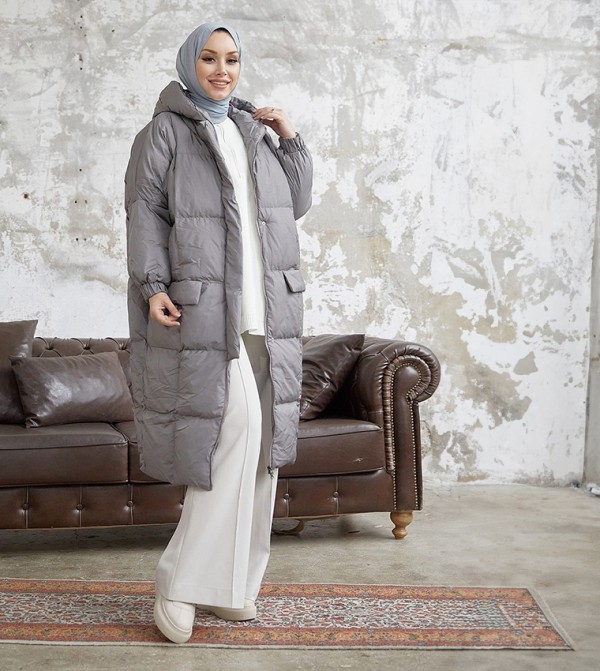 Buy INSTYLE Hooded Long Puffer Jacket In Grey | 6thStreet UAE