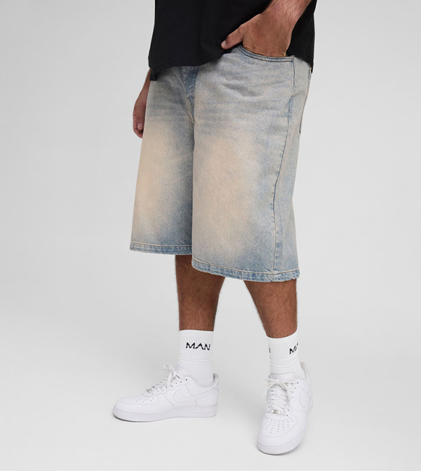 Buy BoohooMAN Plus & Tall Stonewash Relaxed Fit Jorts In Blue ...
