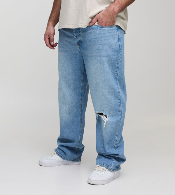 Buy BoohooMAN Plus & Tall Ripped Rigid Straight Fit Jeans In Light Blue ...