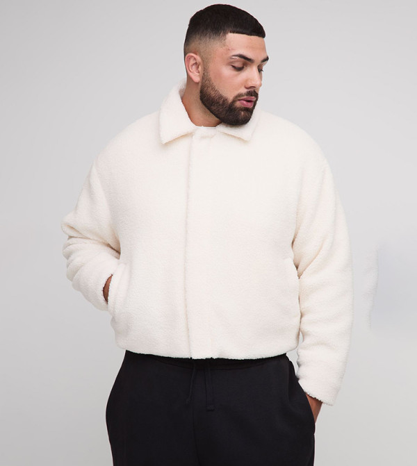 Buy BoohooMAN Plus & Tall Borg Zip Through Harrington Jacket In Ecru ...