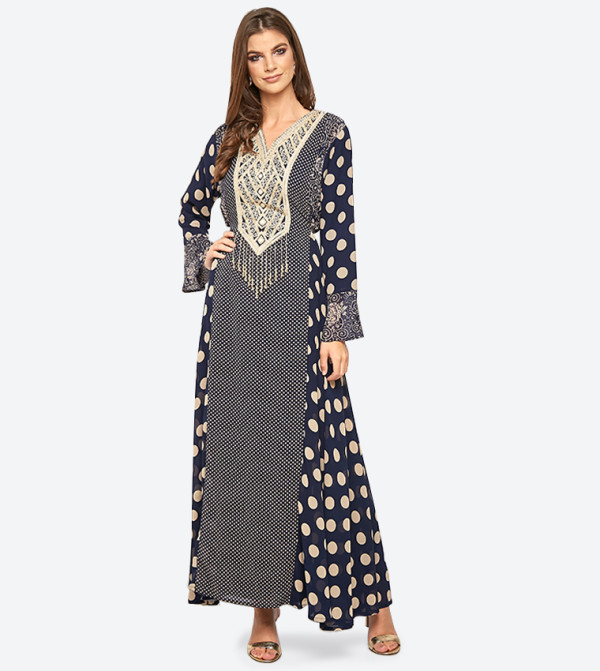Buy Sara Arabia Scroll And Diamond Patterned Polka Dot Printed Jalabiya ...