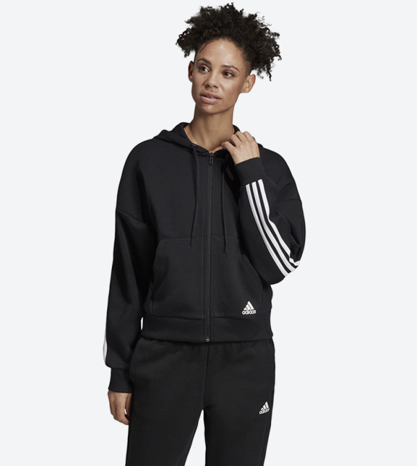 Buy Adidas Long Sleeve 3 Stripe Detail Hoodie Jacket Black In Black ...
