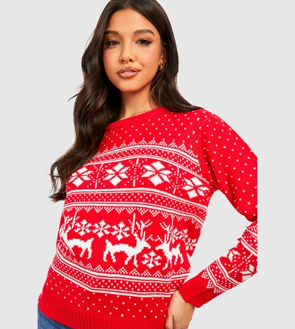 Buy Boohoo Fairisle Snowflake Reindeer Christmas Sweater In Red ...