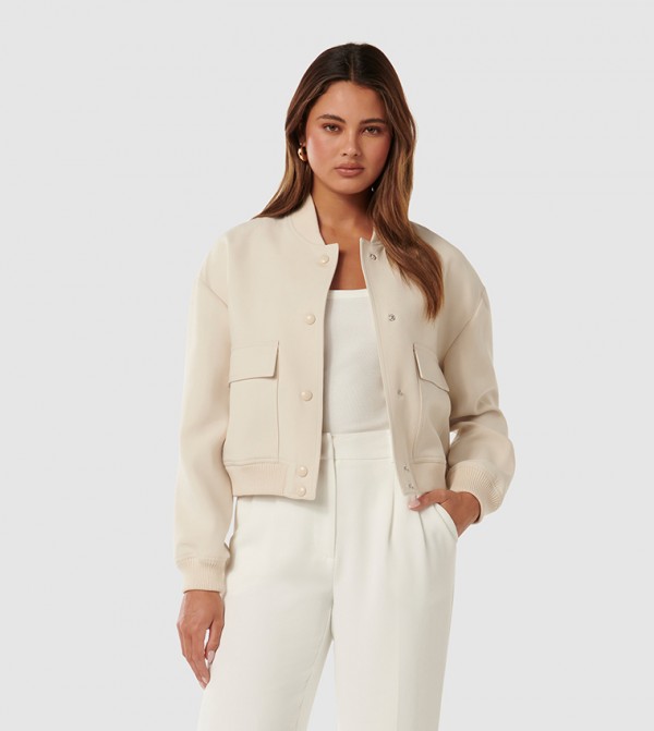 Buy Forever New MIRANDA Pocket Detail Bomber Jacket In Beige ...