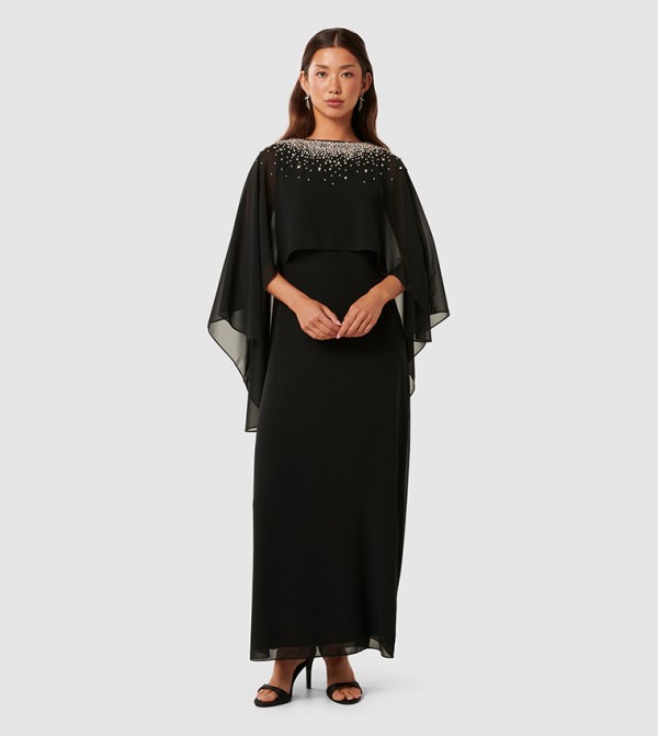 Buy Forever New SERAFINA Embellished Cape Maxi Dress In Black ...