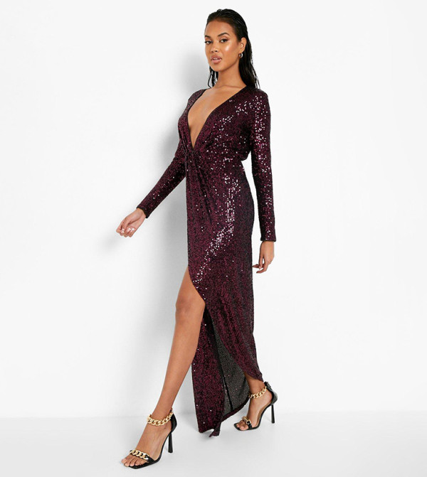 Buy Boohoo Sequin Wrap Plunge Maxi Party Dress In Red | 6thStreet Saudi ...