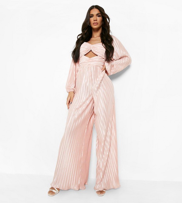 Buy Boohoo Plisse Cut Out Wide Leg Jumpsuit In Pink 6thstreet Qatar