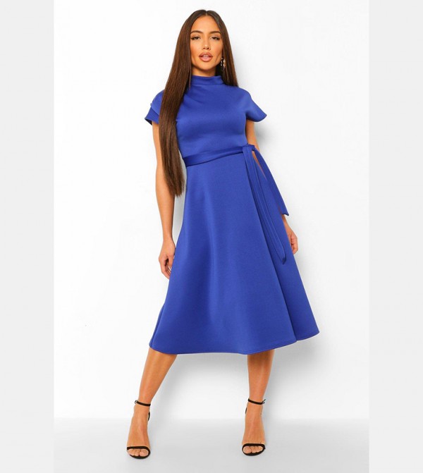 Buy Boohoo Funnel Neck Belted Midi Skater Dress In Cobalt 6thstreet Uae