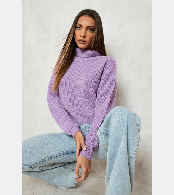Buy Boohoo Cropped Fisherman Roll Neck Jumper In Violet | 6thStreet ...