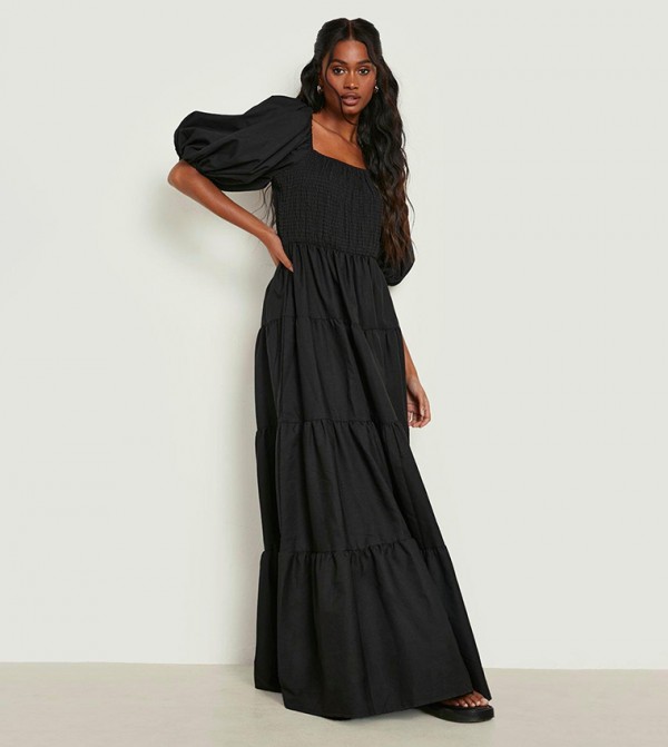 Buy Boohoo Extreme Puff Sleeves Shirred Maxi Smock Dress In Black ...