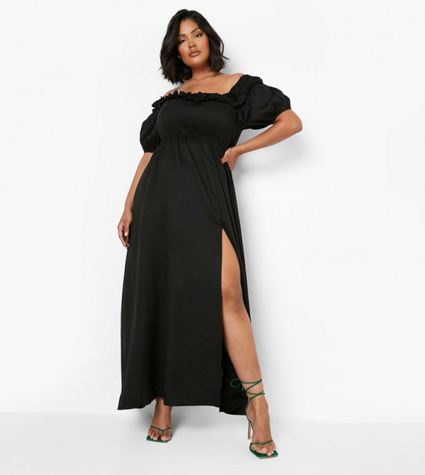 Buy Boohoo Off Shoulder Ruffle Split Maxi Dress In Black 6thstreet Qatar