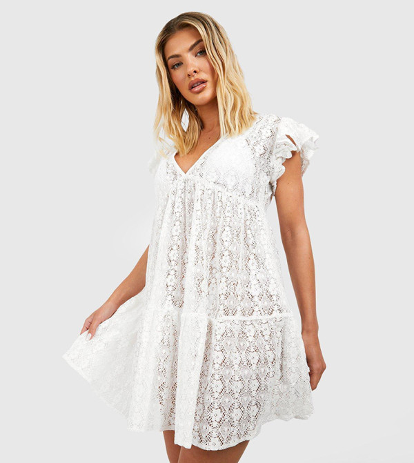 Buy Boohoo Lace Ruffle Plunge Beach Mini Dress In White | 6thStreet ...