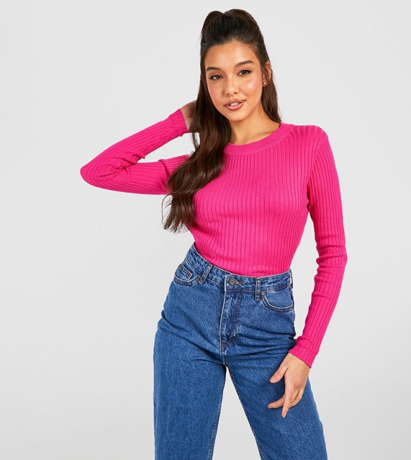 Buy Boohoo Wide Rib Crew Neck Sweater In Pink | 6thStreet Saudi Arabia