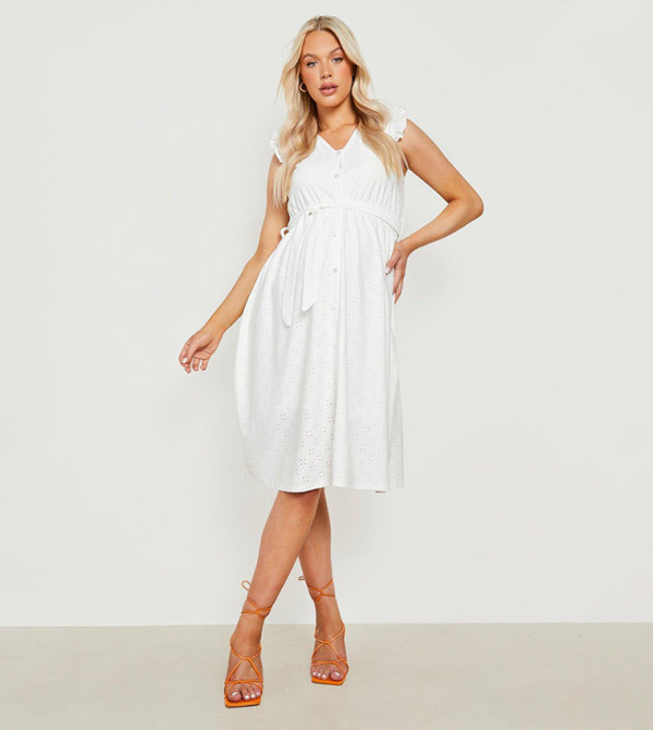 Buy Boohoo Maternity Broderie Button Down Midi Dress In White ...