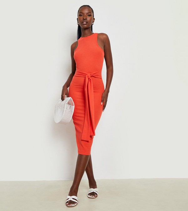 Buy Boohoo Ripple Rib Racer Tie Front Midi Dress In Orange 6thstreet