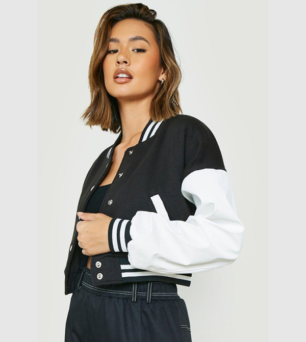 Buy Boohoo Contrast Sleeves Varsity Bomber Jacket In Black | 6thStreet UAE