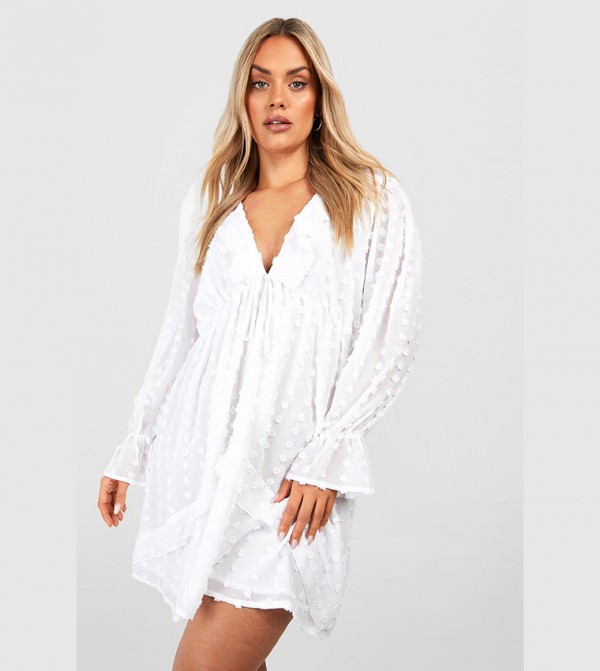 Buy Boohoo Large Dobby Mesh Ruffle Mini Smock Dress In Ivory ...